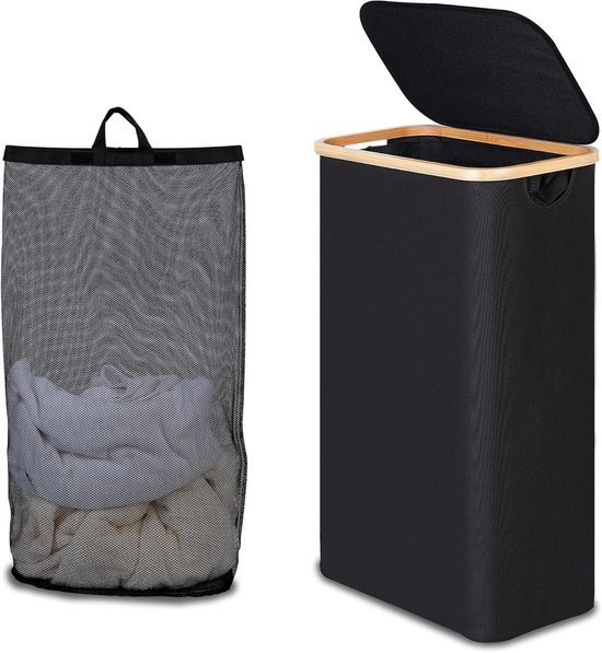 Nieuwe titel: 75 liter smalle wasmand met wasbare binnenzak en deksel, zwart met... | bol