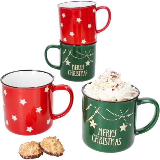Set van 4 EMMA jumbo mokken 2x rood & 2x groen steengoed - 23105433 | bol