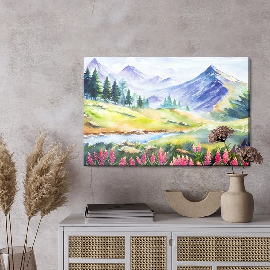Schilderijkoning - Canvas Schilderij Met Waterverf Geschilderd Berglandschap - 90 x 60 cm | bol