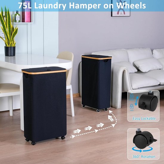 Mrs. Jones Wasmand met wieltjes 75 liter slanke wasmand met deksel zwart opvouwbare... | bol