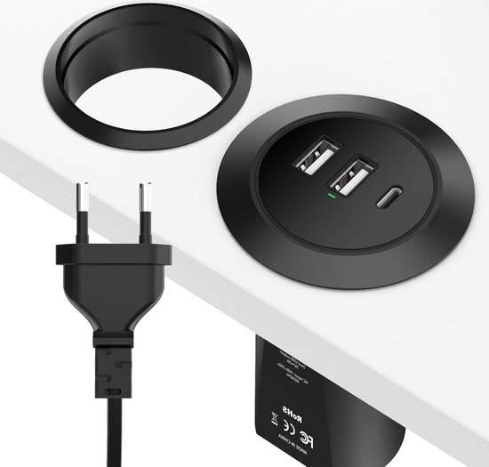 3-poorts USB-oplader 45 W met USB C/A - zwart - tafelstopcontact met 64 ...