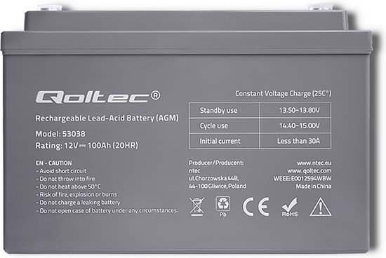Qoltec AGM-accu | 12V | 100Ah | maximaal 1200A. | bol