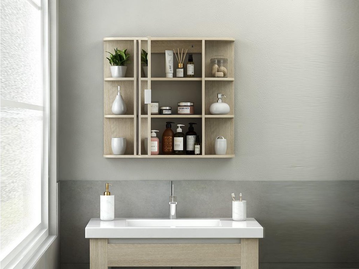 Badkamer muurkast met spiegel en nissen MAROYA - Eik L 80 cm x H 72.5 ...