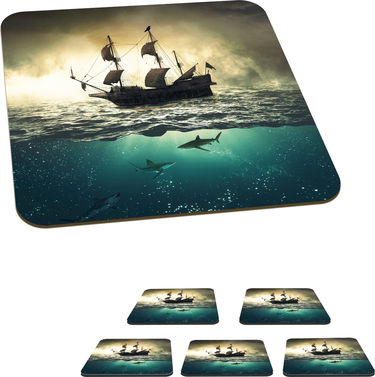 Onderzetters voor glazen - Zee - Boot - Haai - 10x10 cm ...