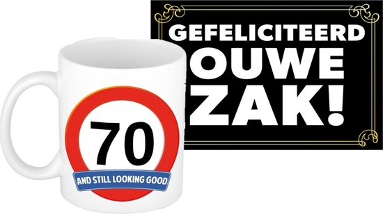 Verjaardag cadeau mok/beker 70 jaar print 300 ml + A5-size wenskaart ...