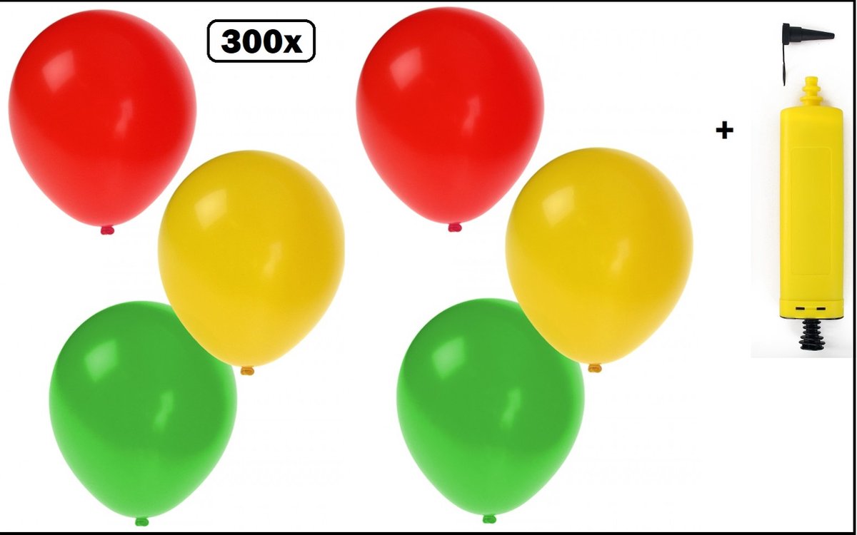 300x Ballon rood/geel/groen met ballonpomp - Carnaval thema feest ...