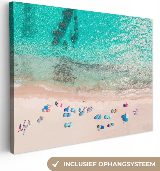 Canvas Schilderij Zee - Strand - Zomer - Parasols - Blauw - 120x90 cm - Wanddecoratie | bol