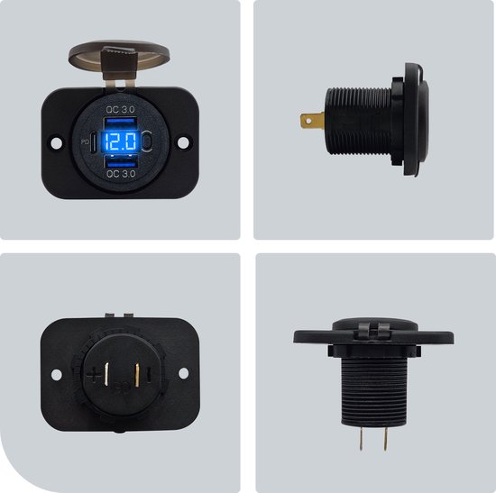 ProRide 12V USB C Stopcontact 3 Poorten Inbouw met Schakelaar/Voltmeter ...