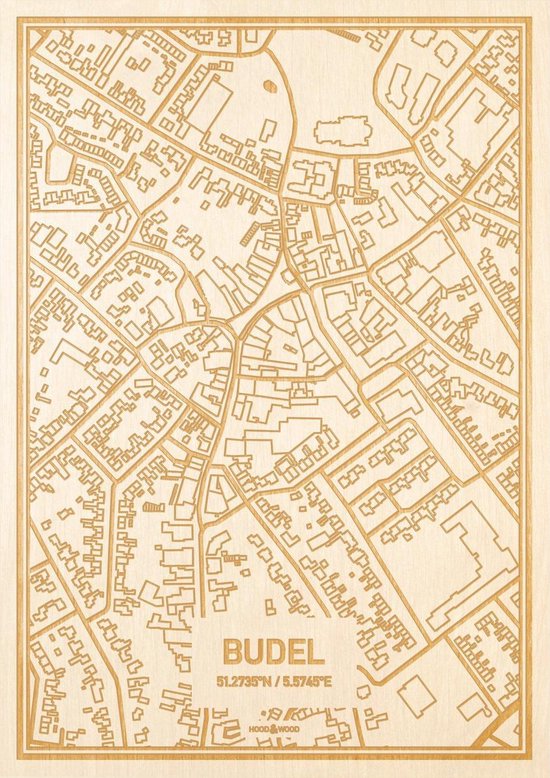 Kaart Budel - Gegraveerde stadskaart Hood&Wood - Hout, A4 | bol.com