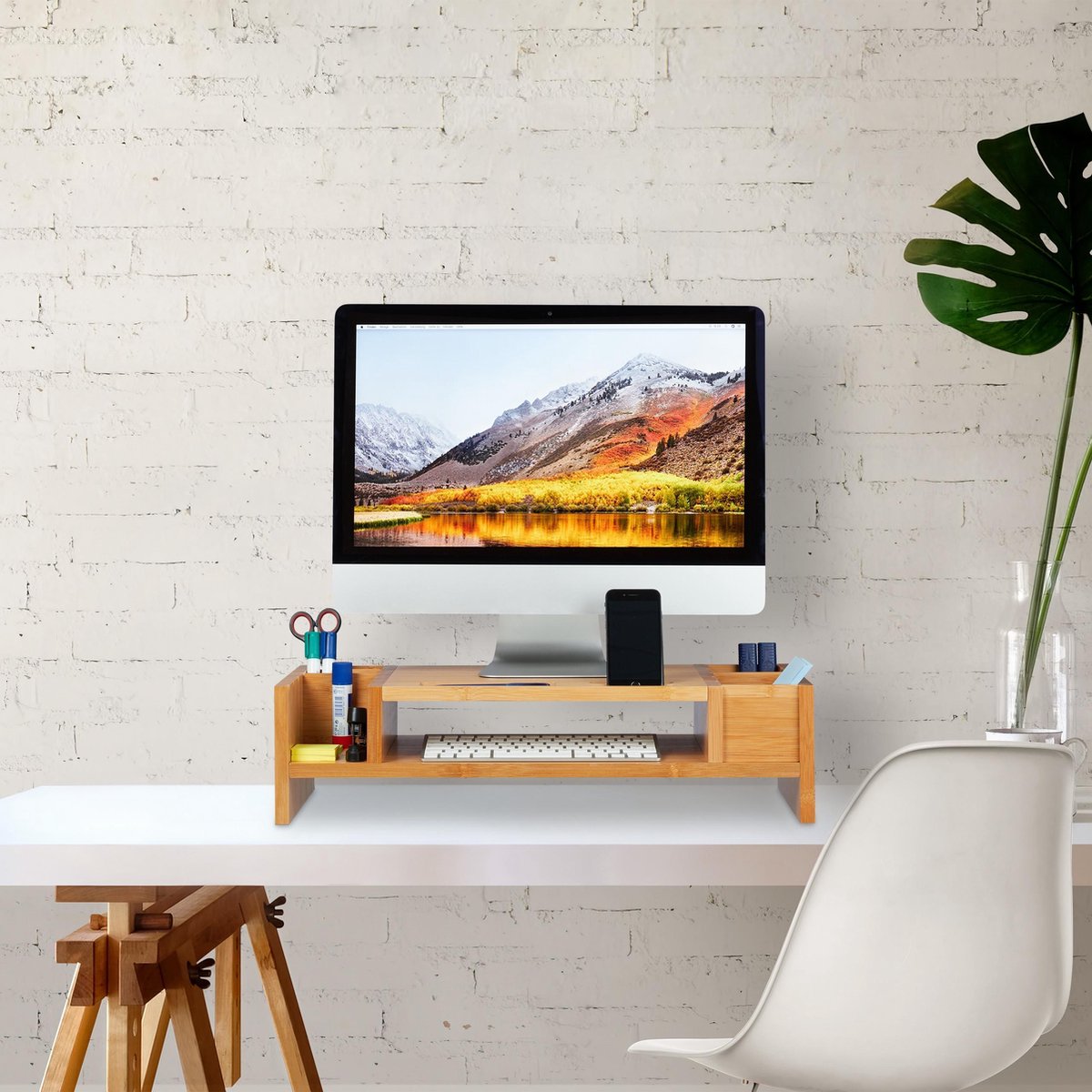 relaxdays monitorstandaard bamboe - beeldscherm verhoging ...