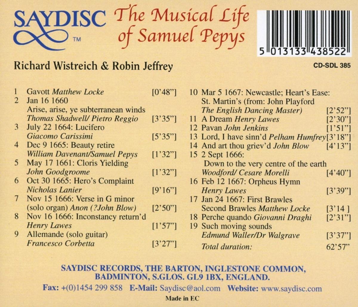 Wistreich, Jeffrey, . - The Music Life Of Samuel Pepys (CD), Robin ...