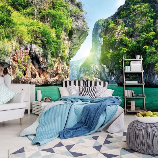 Fotobehang - Vlies Behang - Landschap met Zee en Bergen - 368 x 280 cm ...