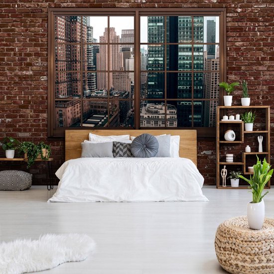 Fotobehang - Vlies Behang - 3D Raamzicht op de Flatgebouwen en ...