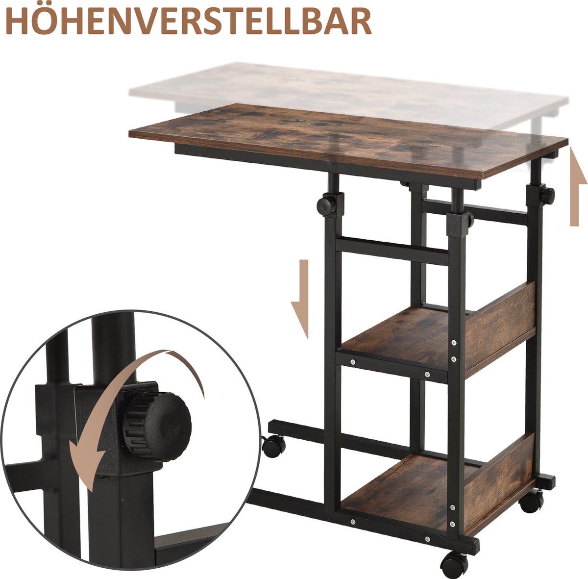 HOMCOM Bijzettafel salontafel met wielen in hoogte verstelbaar 2 onderste planken... | bol.com