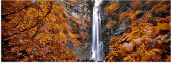 Poster (Mat) - Hoge Waterval van Rots in Herfstig Bos - 90x30 cm Foto ...