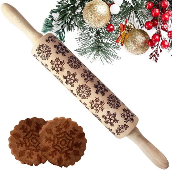 Deegroller met kerstmotief - Houten bakrol voor Kerstmis met reliëf en ...