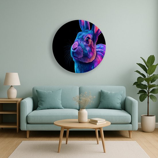 Neon konijn - Rond kunstwerk - Dibond muurcirkel - 40x40 cm | bol