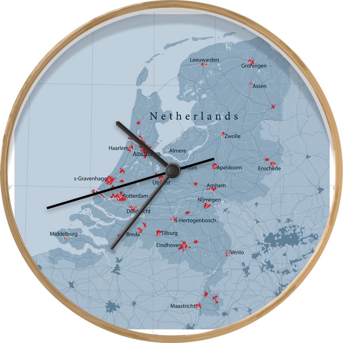 Klok - Ø 30 cm - Kaart - Nederland - Blauw - Rood - Houtkleurig ...