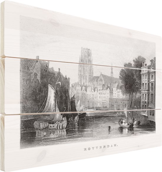 Rotterdam tekening op hout - 40x30 - Zwart-wit tekening van het centrum ...