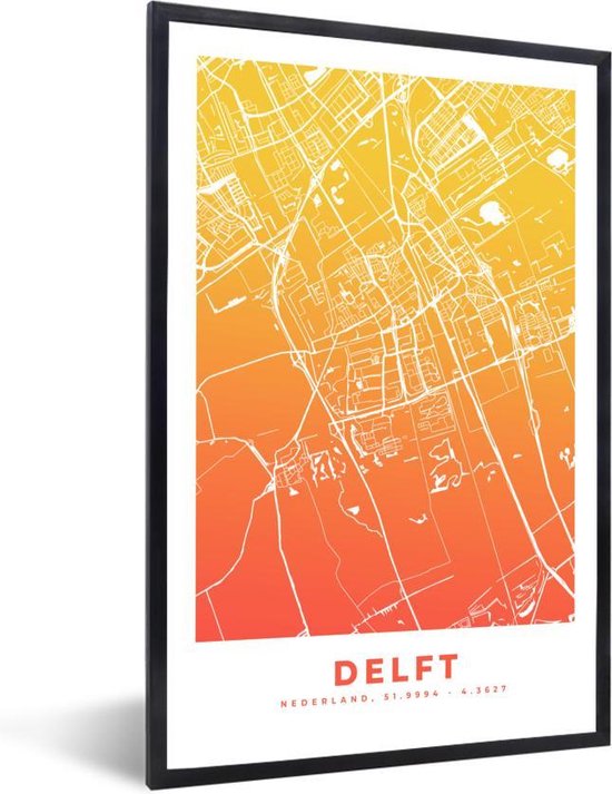 Fotolijst incl. Poster - Stadskaart - Delft - Geel - Rood - 40x60 cm ...