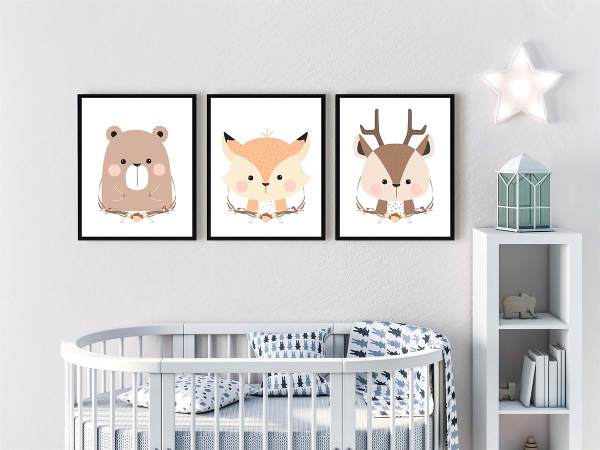 Schilderij Set 3 Lieve vos beer hert – Bos dieren / Bos / 40x30cm | bol.com