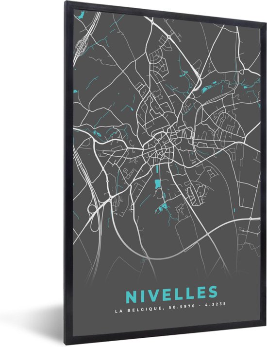 Fotolijst incl. Poster - Stadskaart – Grijs - Kaart – Nivelles – België ...