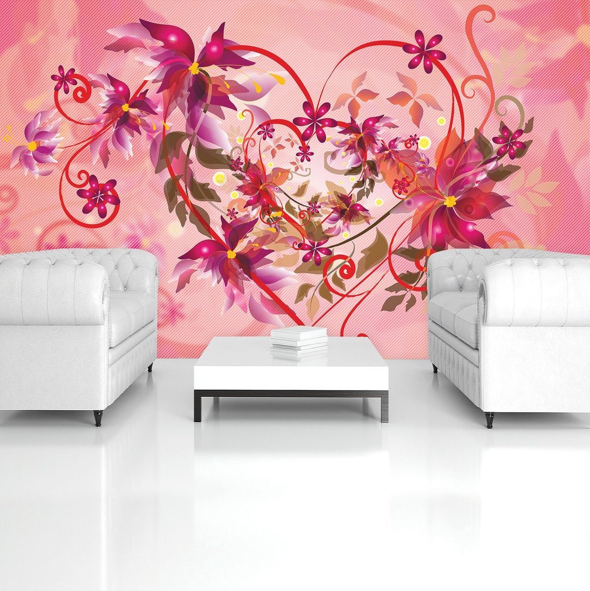 Fotobehang - Vlies Behang - Roze Bloemen en Hartjes - 312 x 219 cm ...