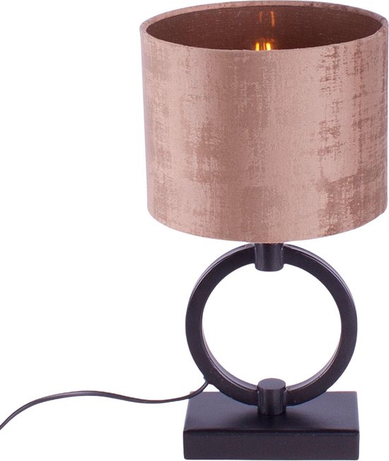 Tafellamp ring met velours kap Davon | 1 lichts | brons / bruin / zwart ...