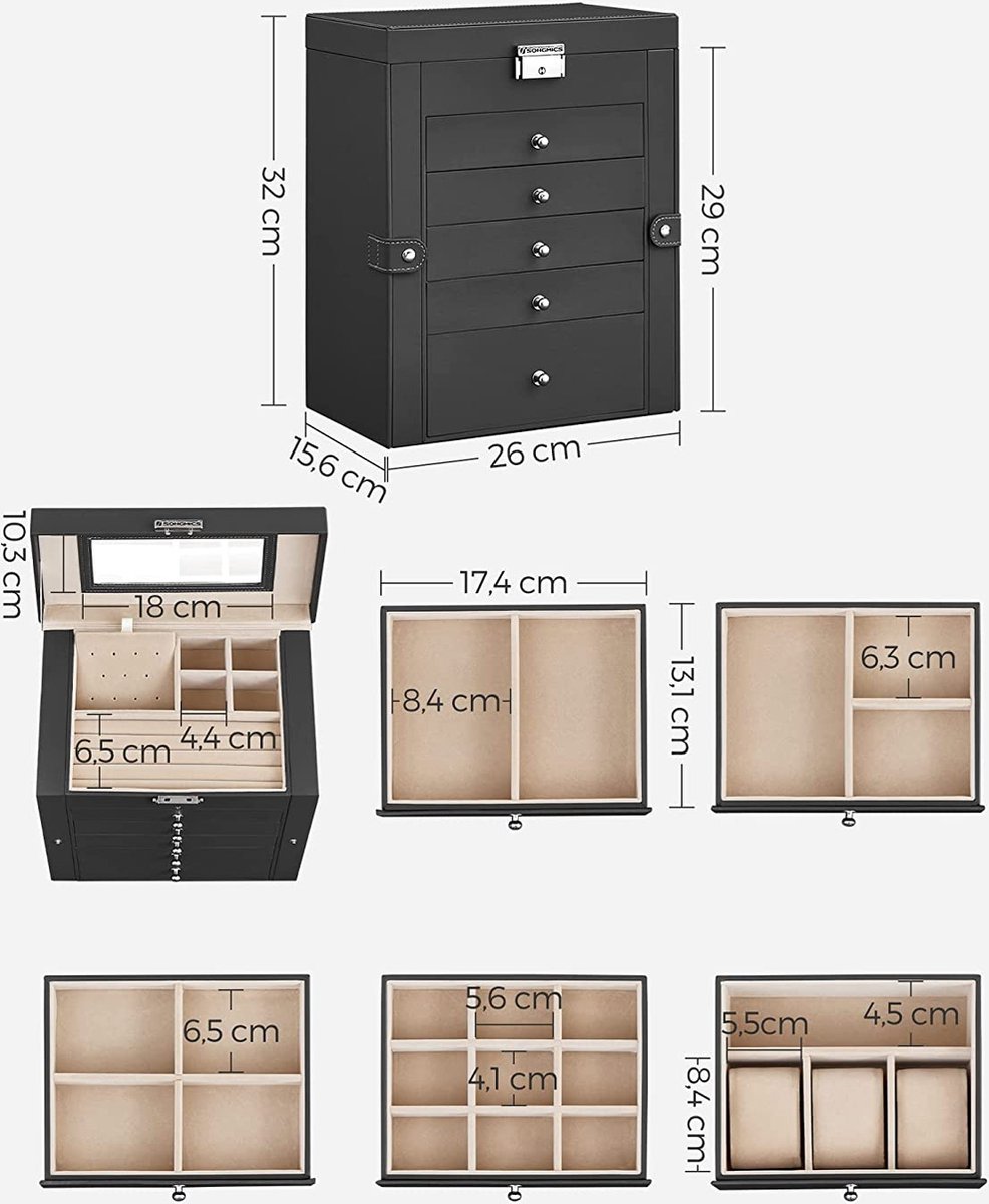 Sieradendoos, groot juwelendoosje met 6 niveaus, sieradendoos met ...