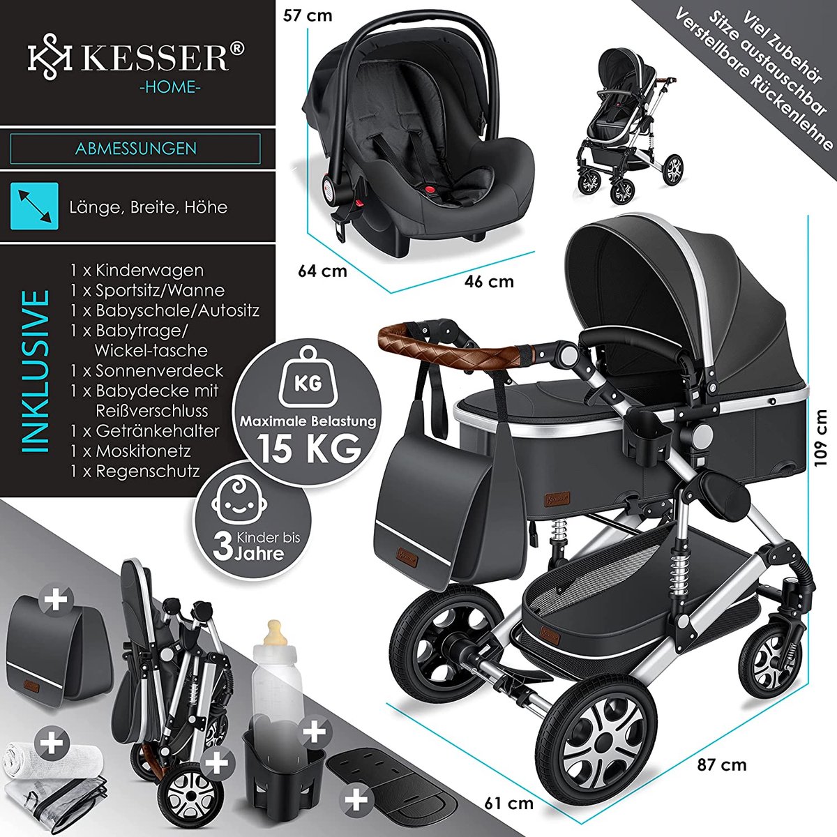 KESSER Loops 3-in-1 kinderwagen, combi-kinderwagen, complete set ...
