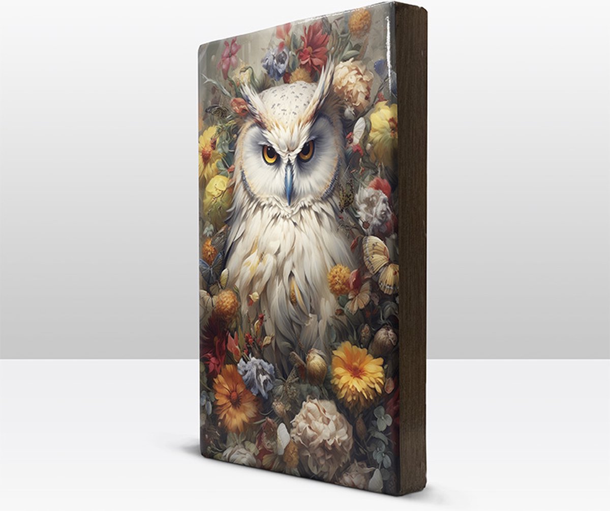 Witte uil met bloemen - Laqueprint - 19,5 x 30 cm - Niet van echt te ...
