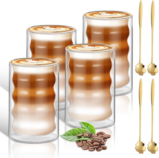 Double-walled glass coffee cups 4 x 400 ml with 4 teaspoons - Set of transparent... | bol