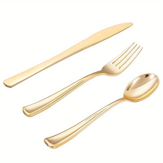 Gouden plastic bestekset - 126-delig - herbruikbaar - elegant design | bol