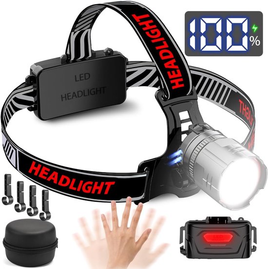 Oplaadbare LED Hoofdlamp met Sensor & LCD, Rood Licht, 3 Modi | bol