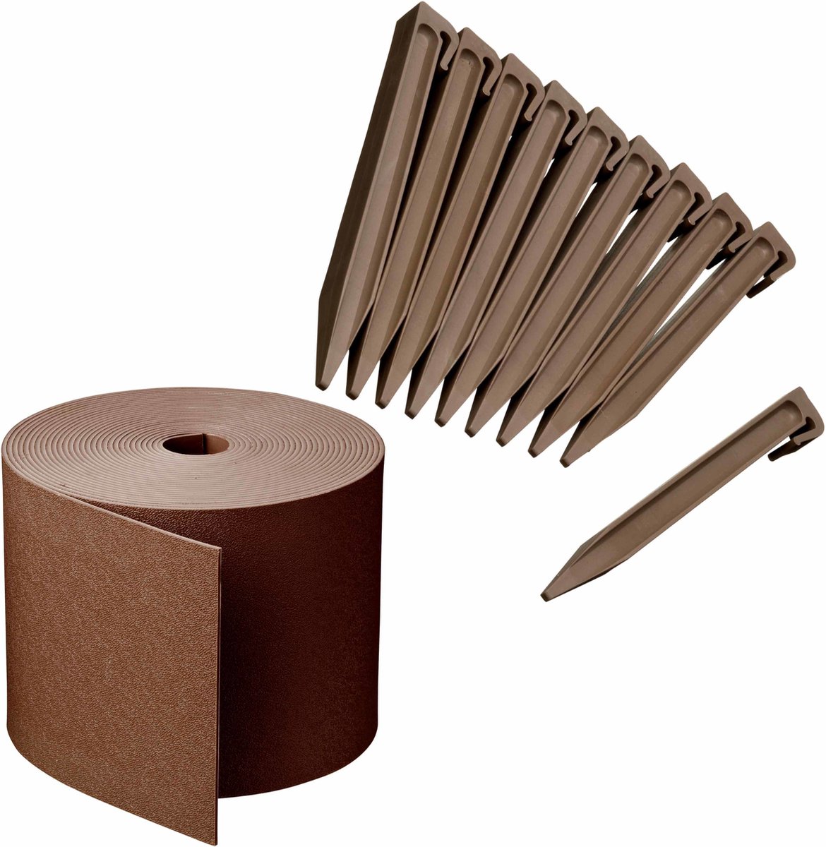 Kunststof grasrand / borderrand taupe bruin inclusief 20x grondpennen 20 meter x 15 cm... | bol.com