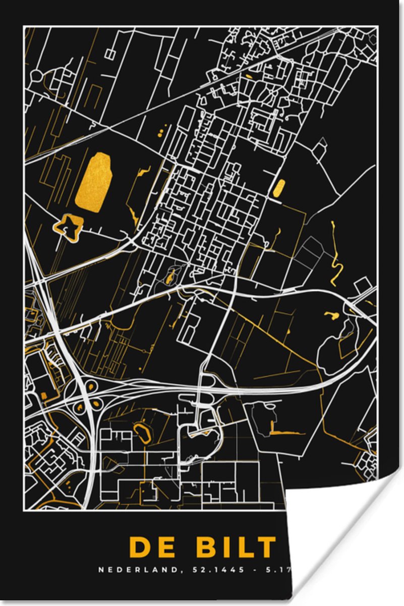 Poster Map - City Map - De Bilt - Carte - Noir et Or - 80x120 cm | bol.com