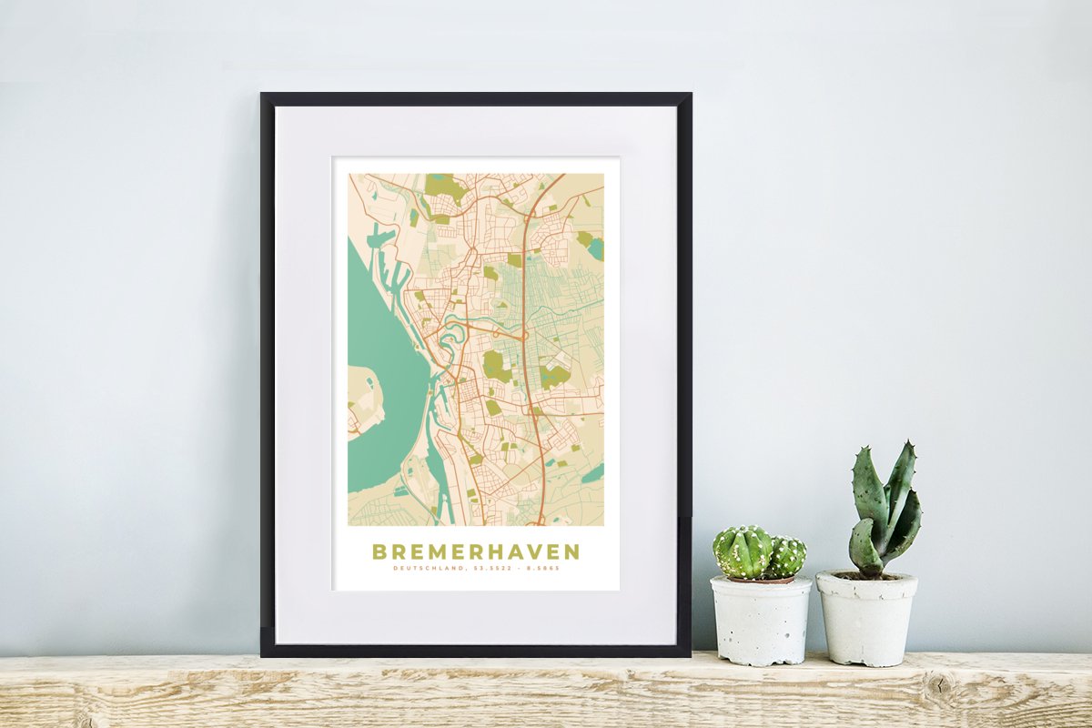 Fotolijst incl. Poster - Bremerhaven - Plattegrond - Kaart - Vintage ...