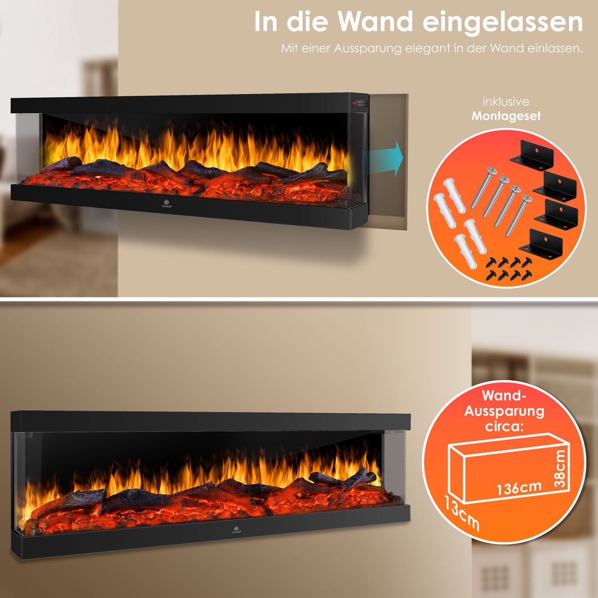 KESSER® Sfeerhaard 1800W Elektrische Haard met LED 3D Vlam Effect ...