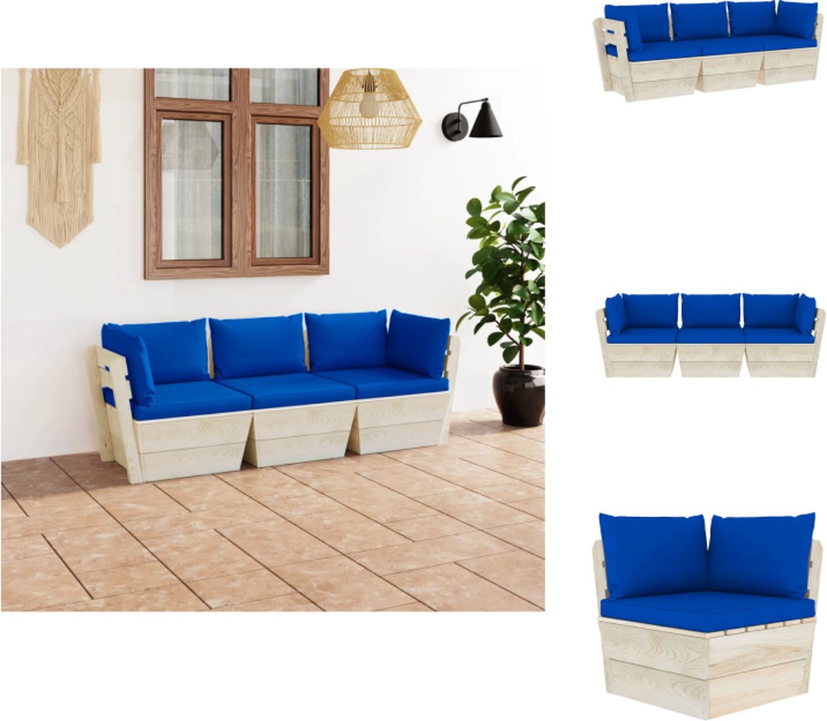 vidaXL Pallet Hoekbank - Tuinbank - 60x60x65 cm - Blauw kussen ...