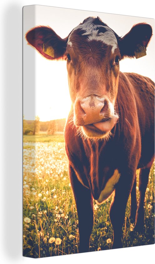 Canvas schilderij koe - Koe - Dieren - Natuur - Zon - Bomen - Bloemen ...