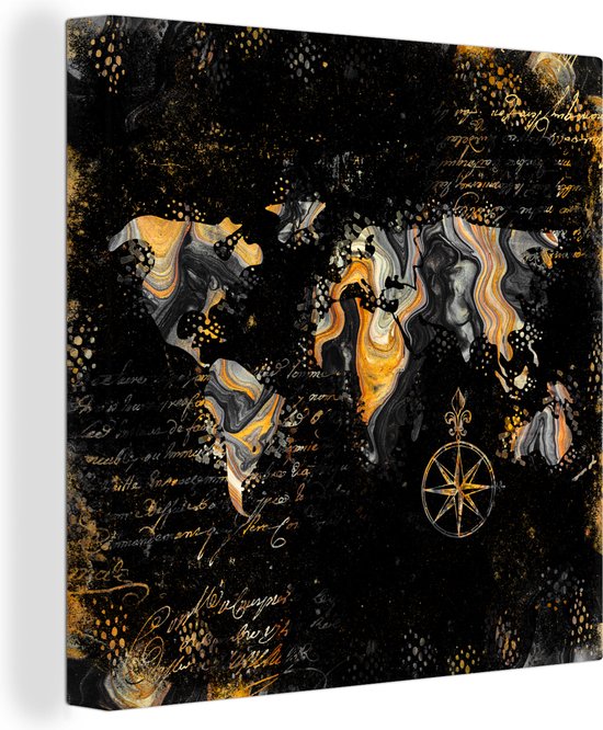 Wanddecoratie Wereldkaart - Verf - Goud - Kompas - Canvas - 50x50 cm | bol