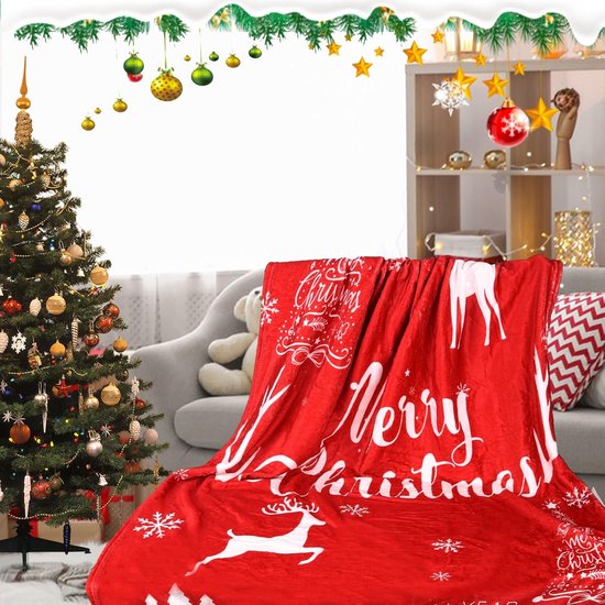 Zachte Sherpa flanel fleece deken met vrolijk kerstmotief van elanden ...