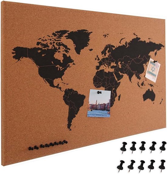 Prikbord van kurk met wereldkaart en houten lijst - 60 x 40 cm - Modern ...