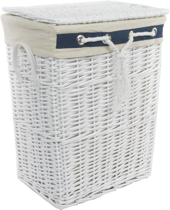 Rechthoekige witte wasmand met deksel en marinemotief, afneembaar en ...