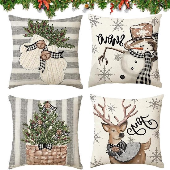 Linnen Sierkussens - Kerstmotief - 4 Stuks - 45 x 45 cm | bol