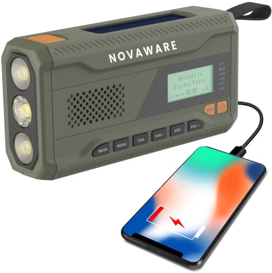 NovaWare® Noodradio Solar Opwindbaar - Powerbank Zonneenergie met 4500mAh - DAB+/FM -... | bol