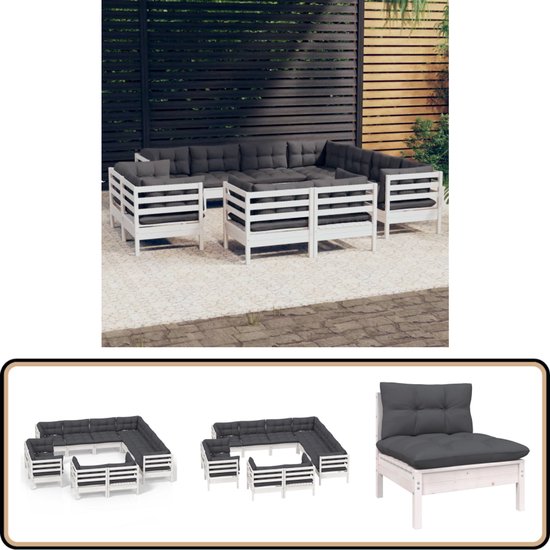 vidaXL Loungeset - 11-delig - Grenenhout - Wit Loungeset - Tuinset ...