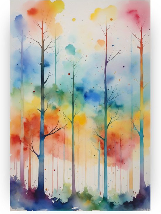 Kleurrijk bos poster - Bomen wanddecoratie - Wanddecoratie waterverf ...