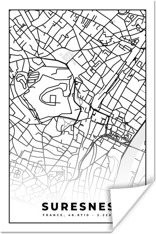 Poster Kaart - Stadskaart - Suresnes - Frankrijk - Plattegrond - Zwart ...