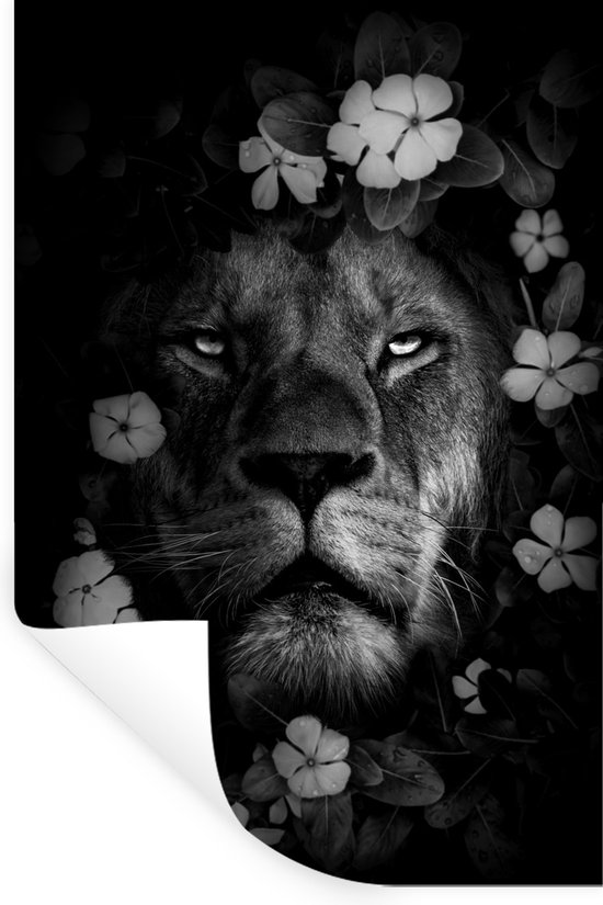 Muurstickers - Sticker Folie - Leeuw met bloemen in de jungle - zwart wit - 20x30 cm -... | bol